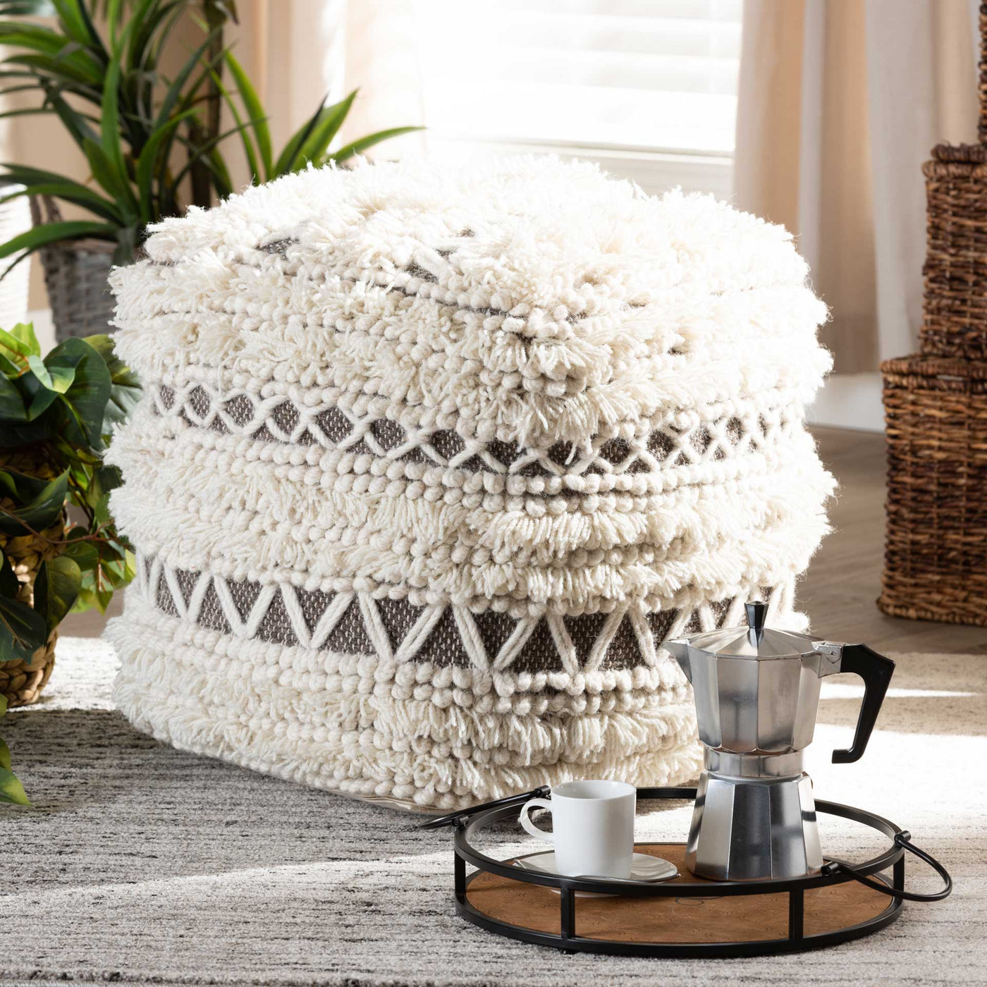 Velina Handwoven Wool Pouf Beige/Brown - Froy.com