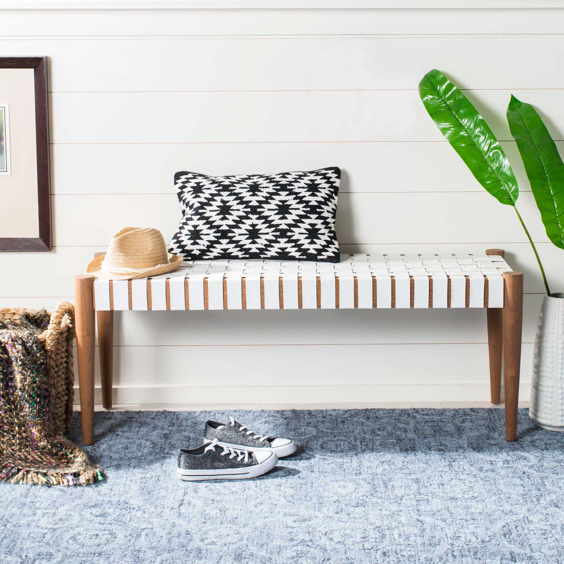 Amos Leather Weave Bench White/Oak - Froy.com