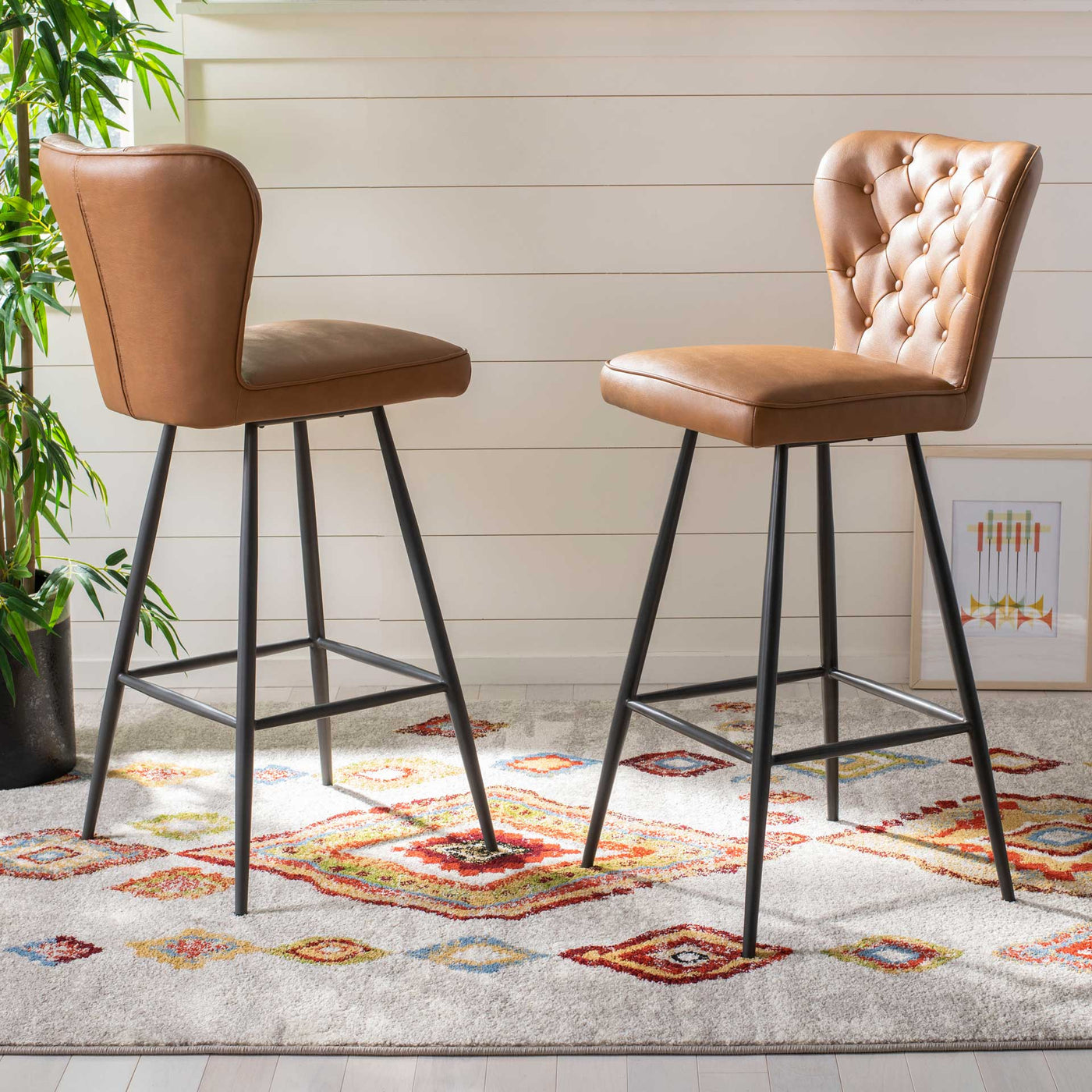 Ashlynn Leather Tufted Bar Stool Camel/Black (Set of 2) - Froy.com