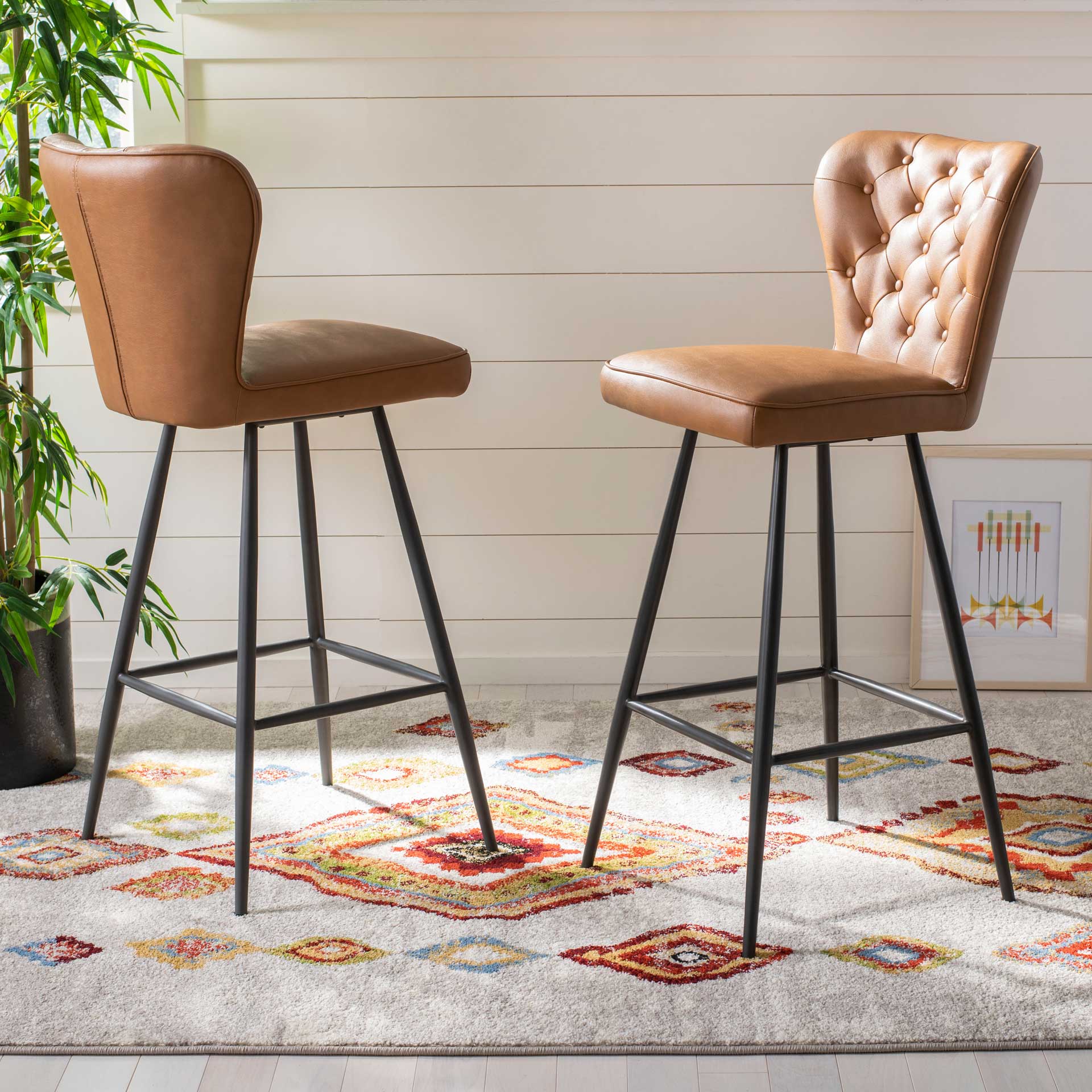 Ashlynn Leather Tufted Bar Stool Camel/Black (Set of 2) - Froy.com