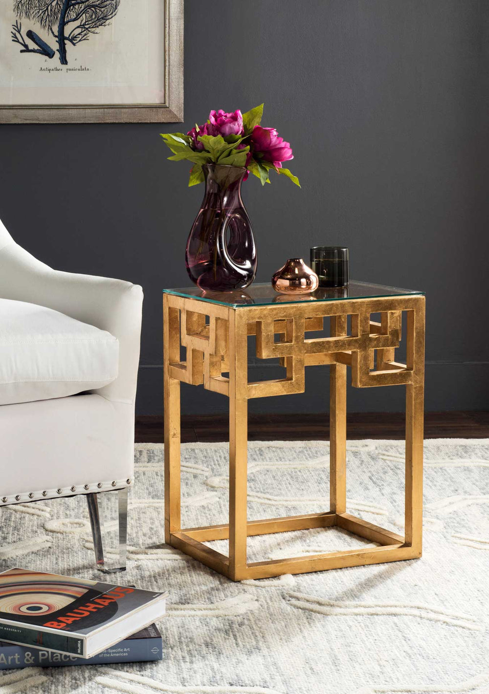 Byrnes Greek Key Glass Top End Table Antique Gold - Froy.com
