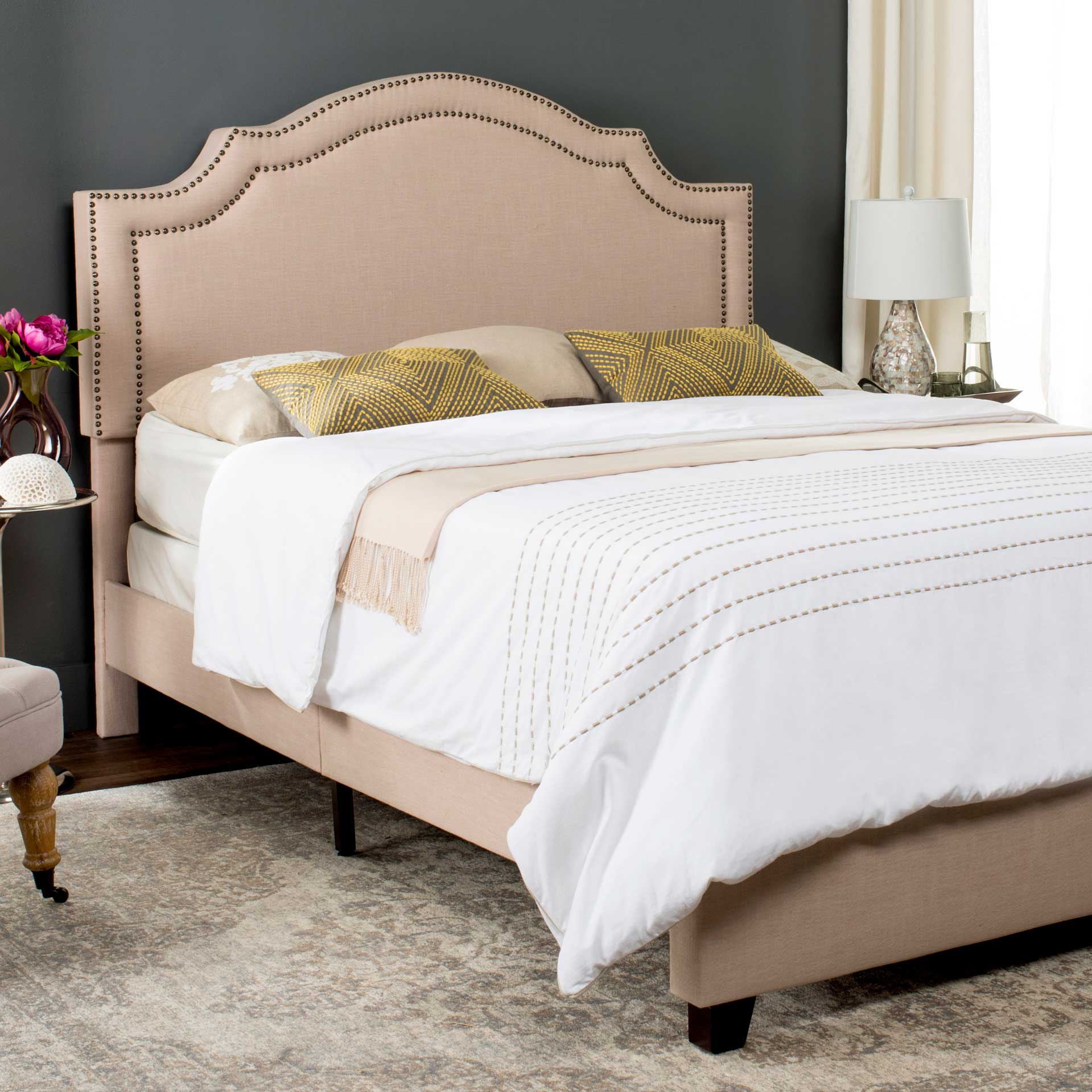 Thaddeus Upholstered Bed Light Beige/Brass - Froy.com
