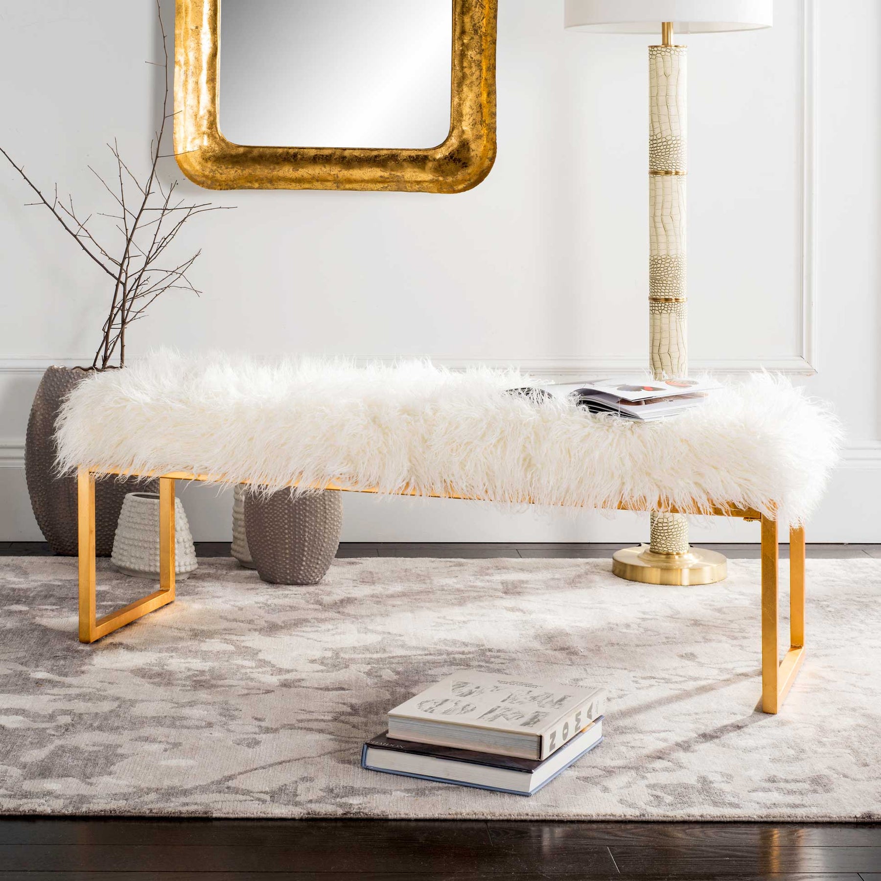 Ethiopia Faux Curly Sheepskin Bench White - Froy.com