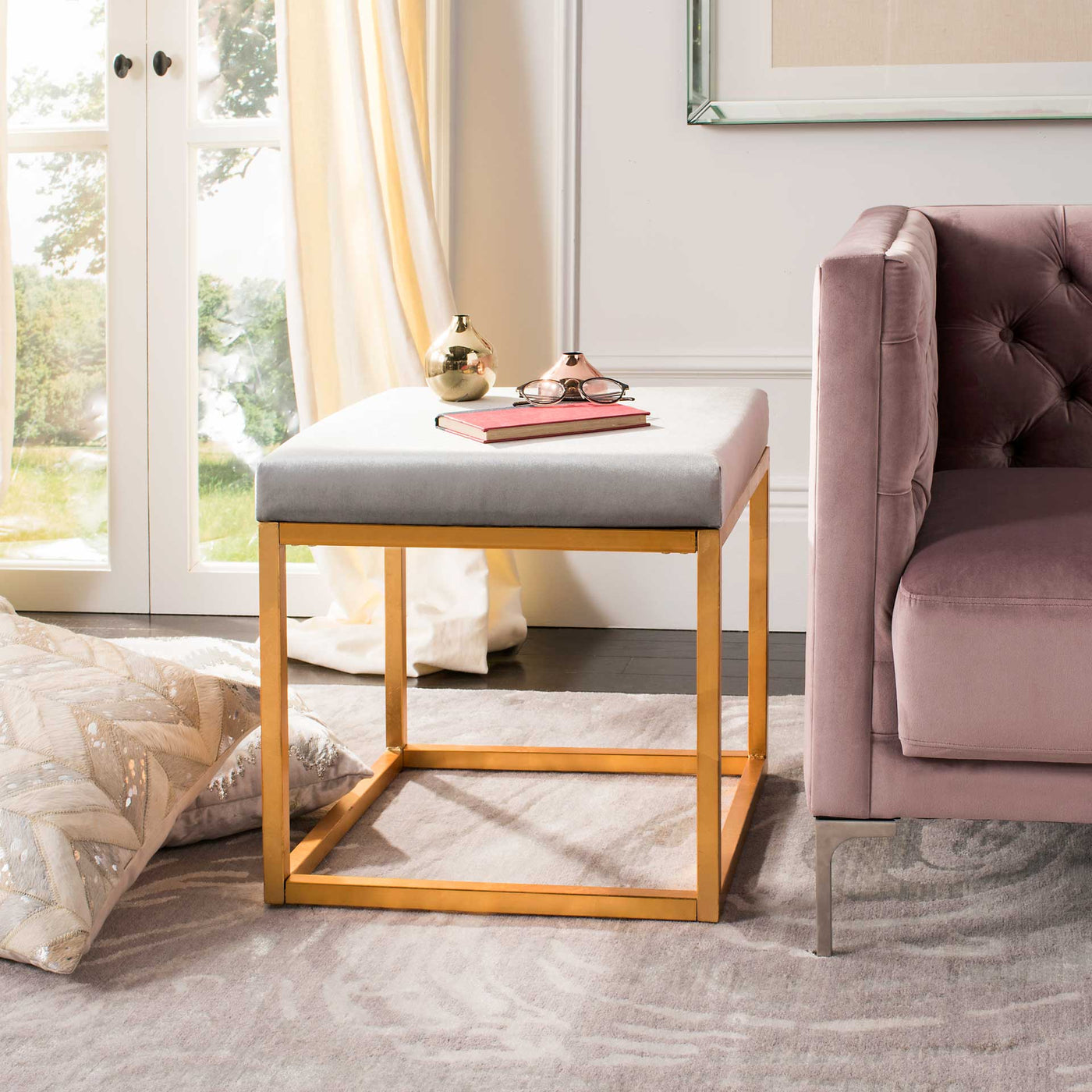 Ronnie Velvet Square Ottoman Gray - Froy.com