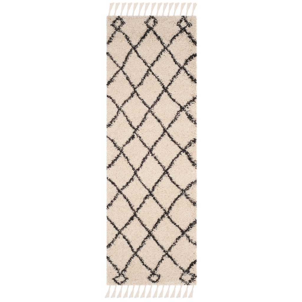 Moroccan Diamond Fringe Shag Cream/Charcoal Runner Rug - Froy.com