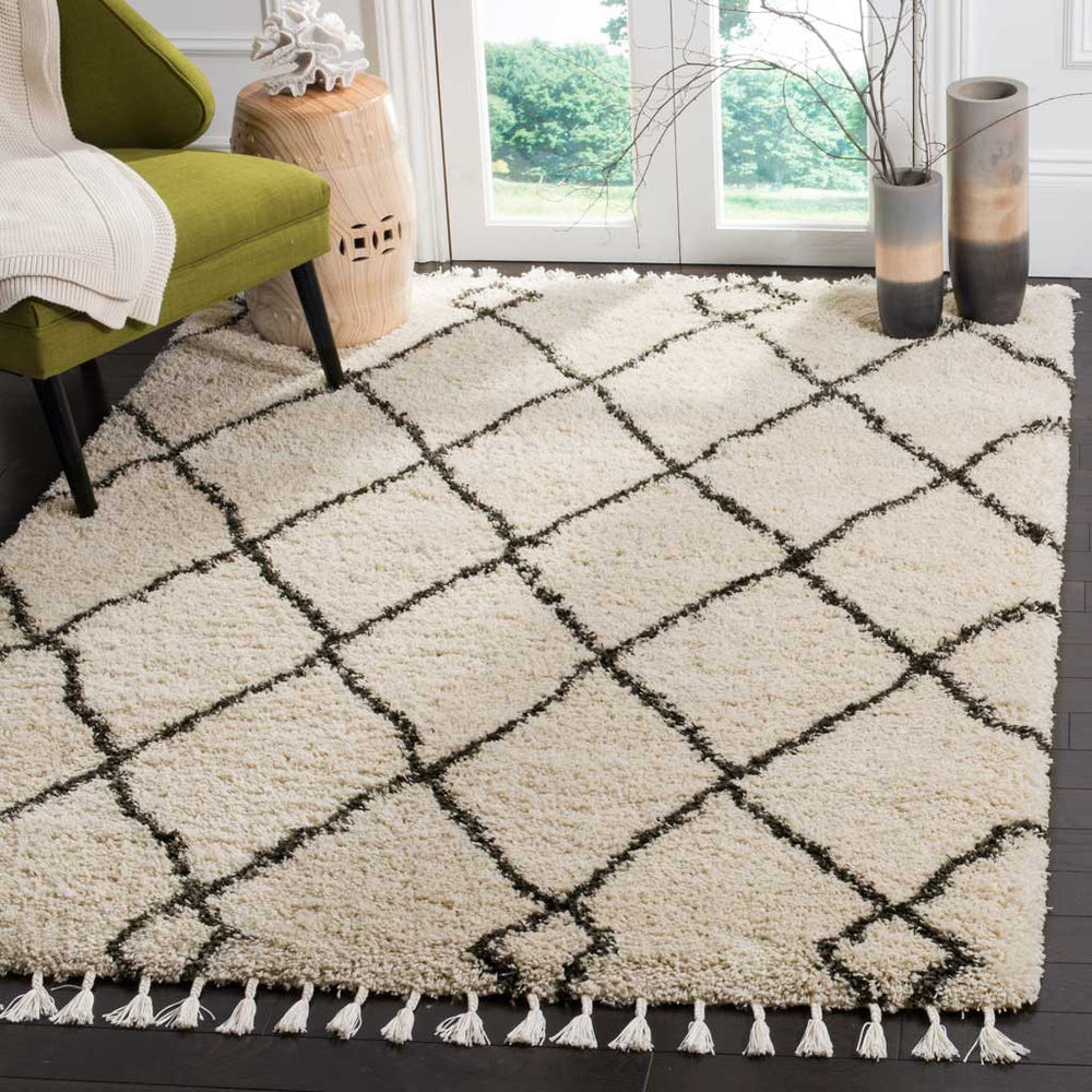 Moroccan Diamond Fringe Shag Cream/Charcoal Area Rug - Froy.com
