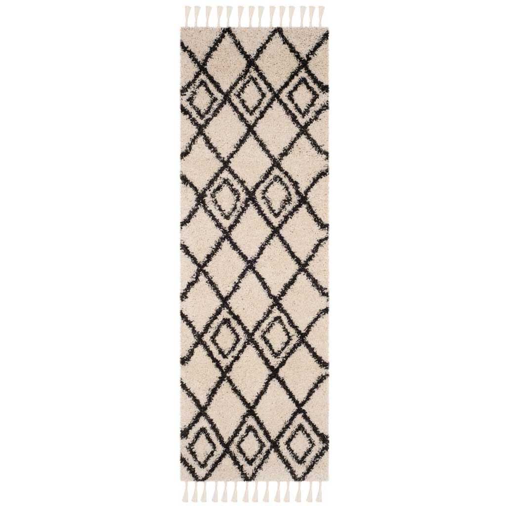 Moroccan Inscribed Fringe Shag Cream/Charcoal Runner Rug - Froy.com