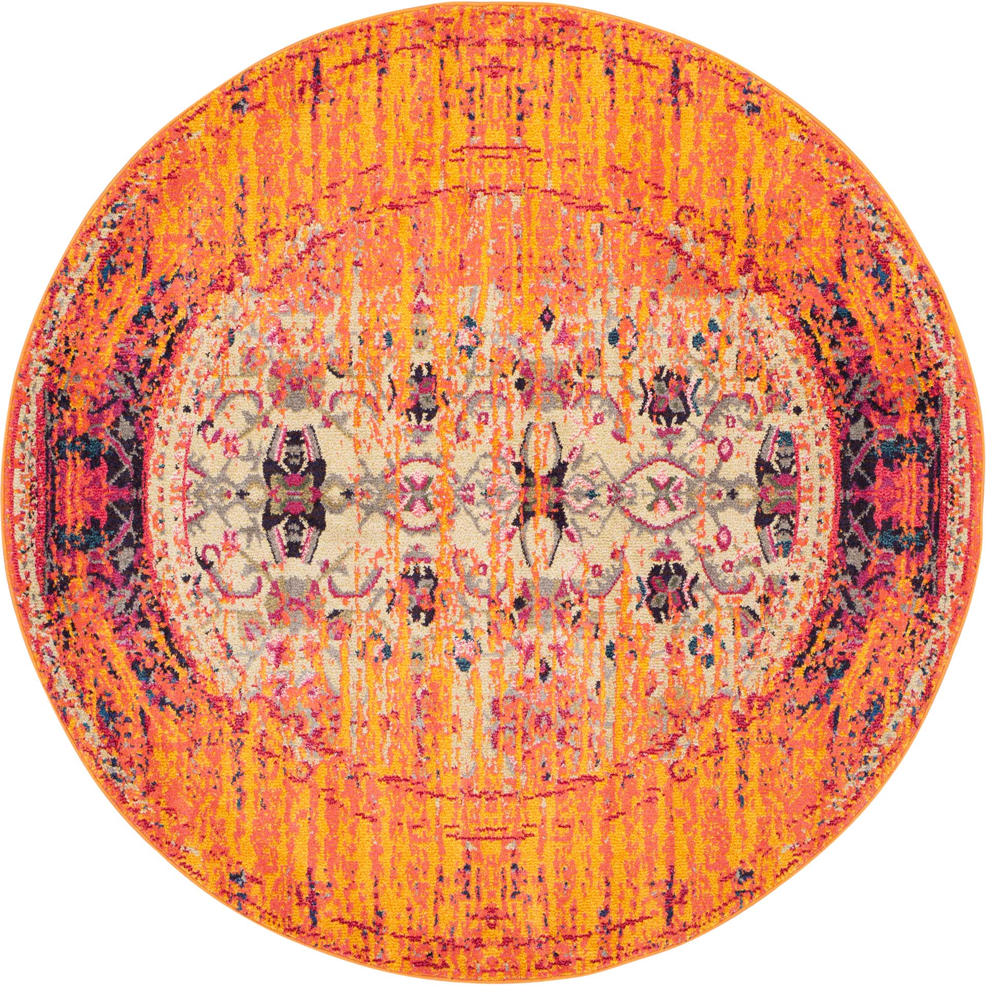 Monaco Distressed Orange/Multi Round Rug - Froy.com