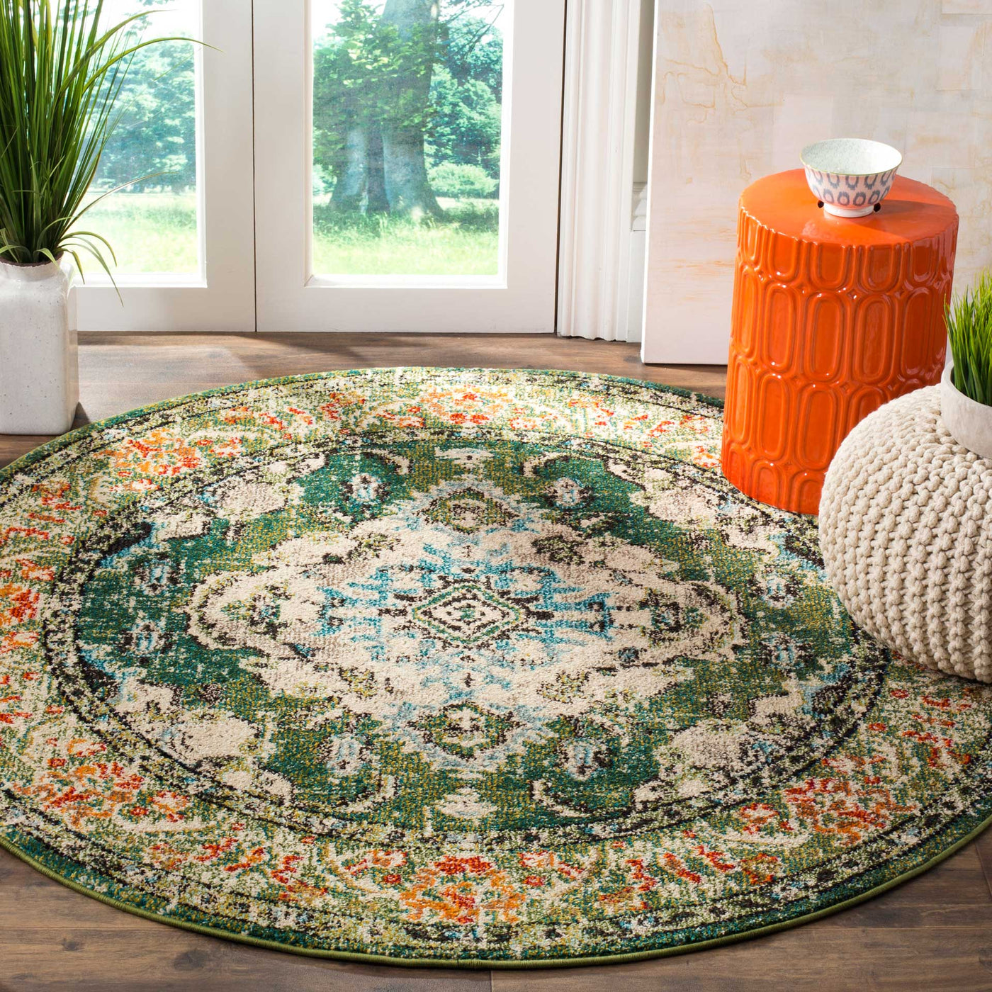 Monaco Forest Green/Light Blue Round Rug - Froy.com