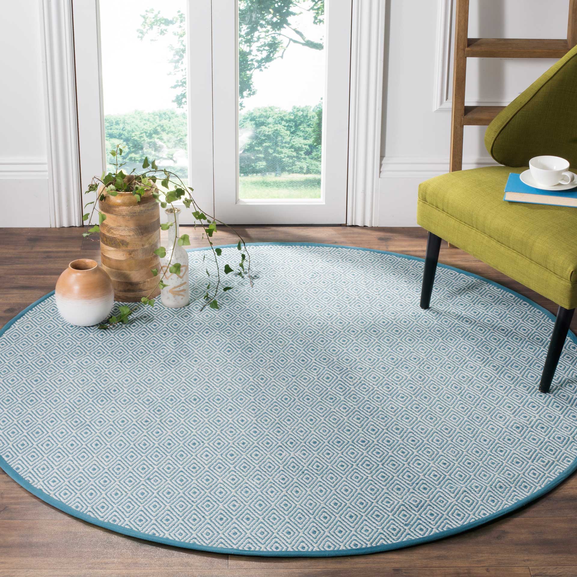 Montauk Geometry Ivory/Light Blue Round Rug - Froy.com