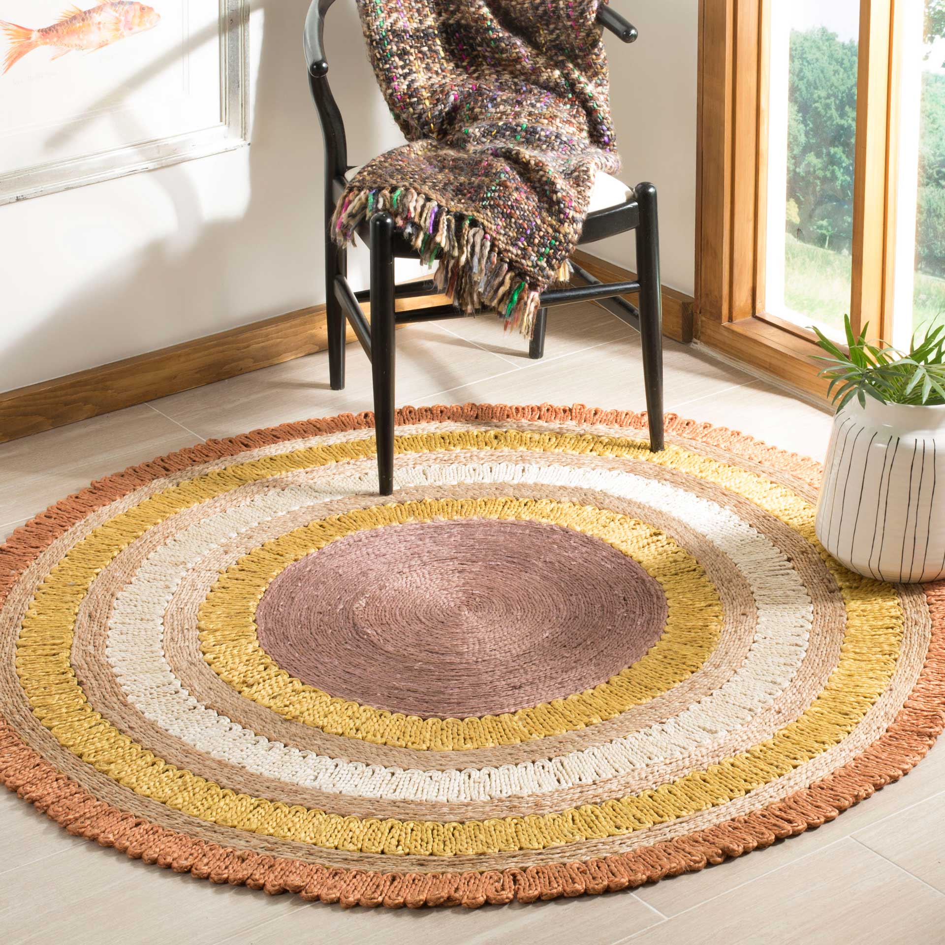 Natural Fiber Orange/Multi Round Rug - Froy.com
