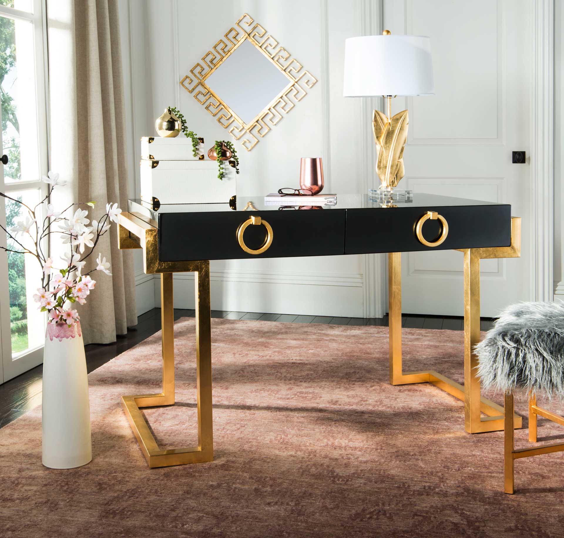 Maddison 2-Drawer Lacquer Desk Black/Gold - Froy.com