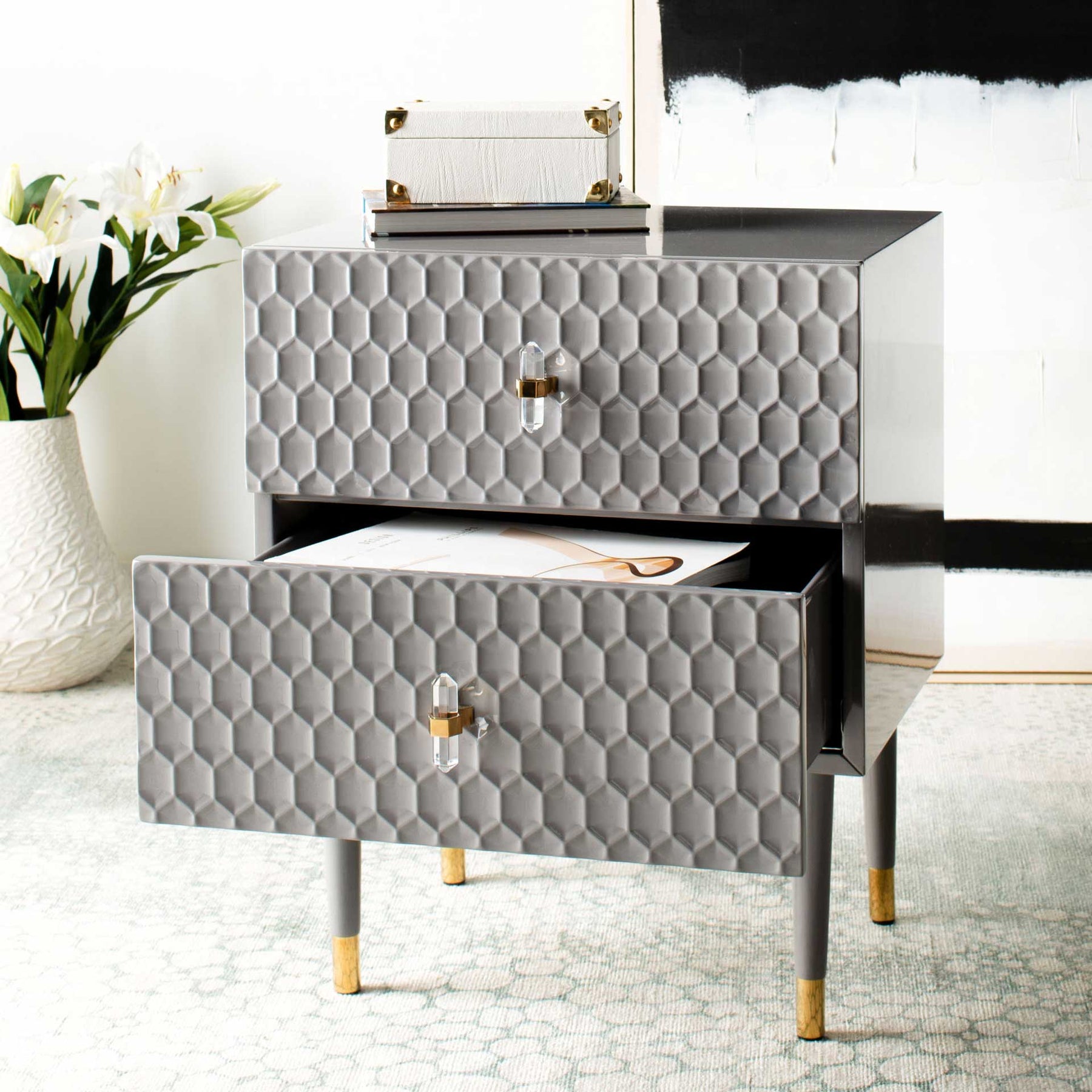 Nevaeh 2 Drawer Side Table Gray/Gold - Froy.com