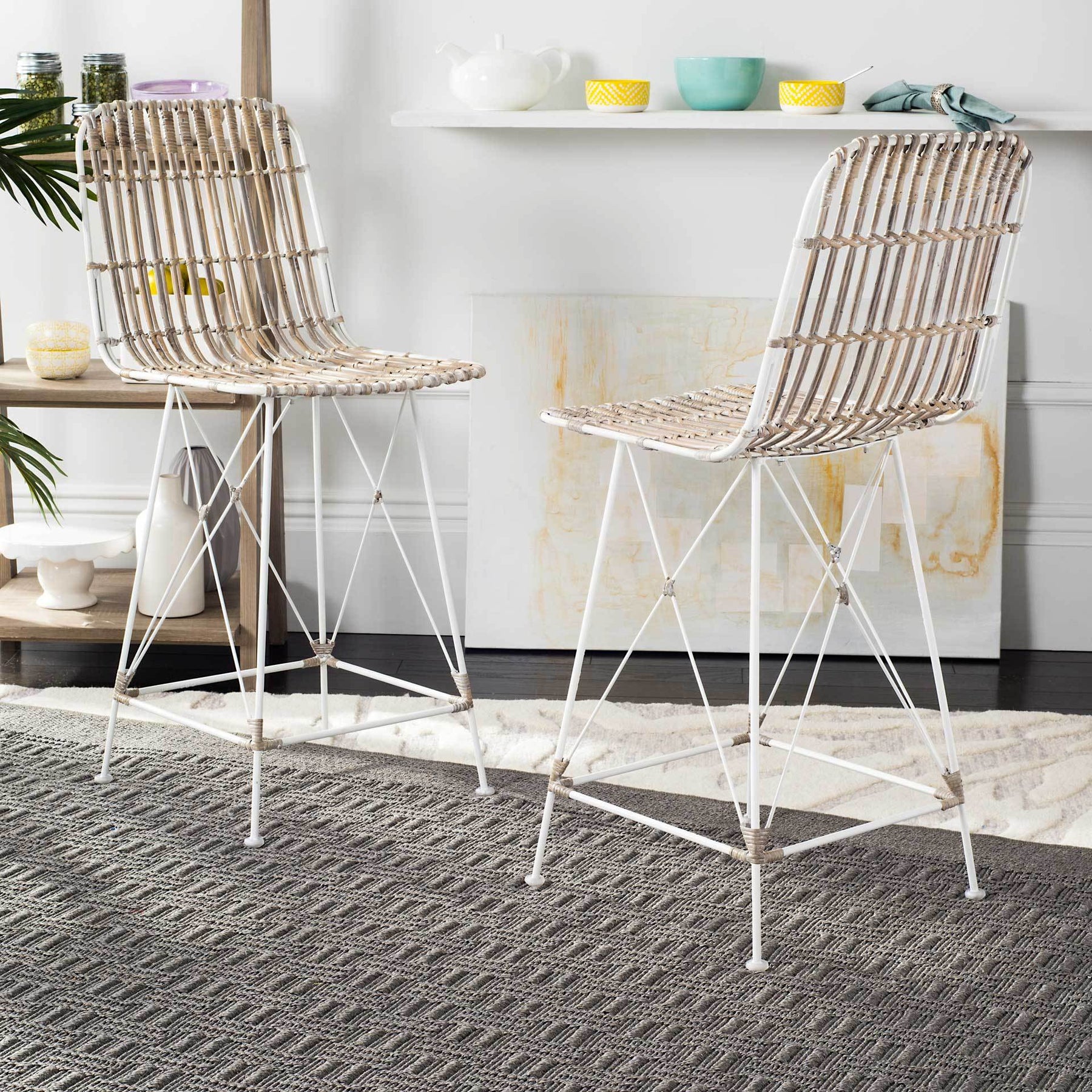 Millie Wicker Bar Stool White Wash (Set of 2) - Froy.com